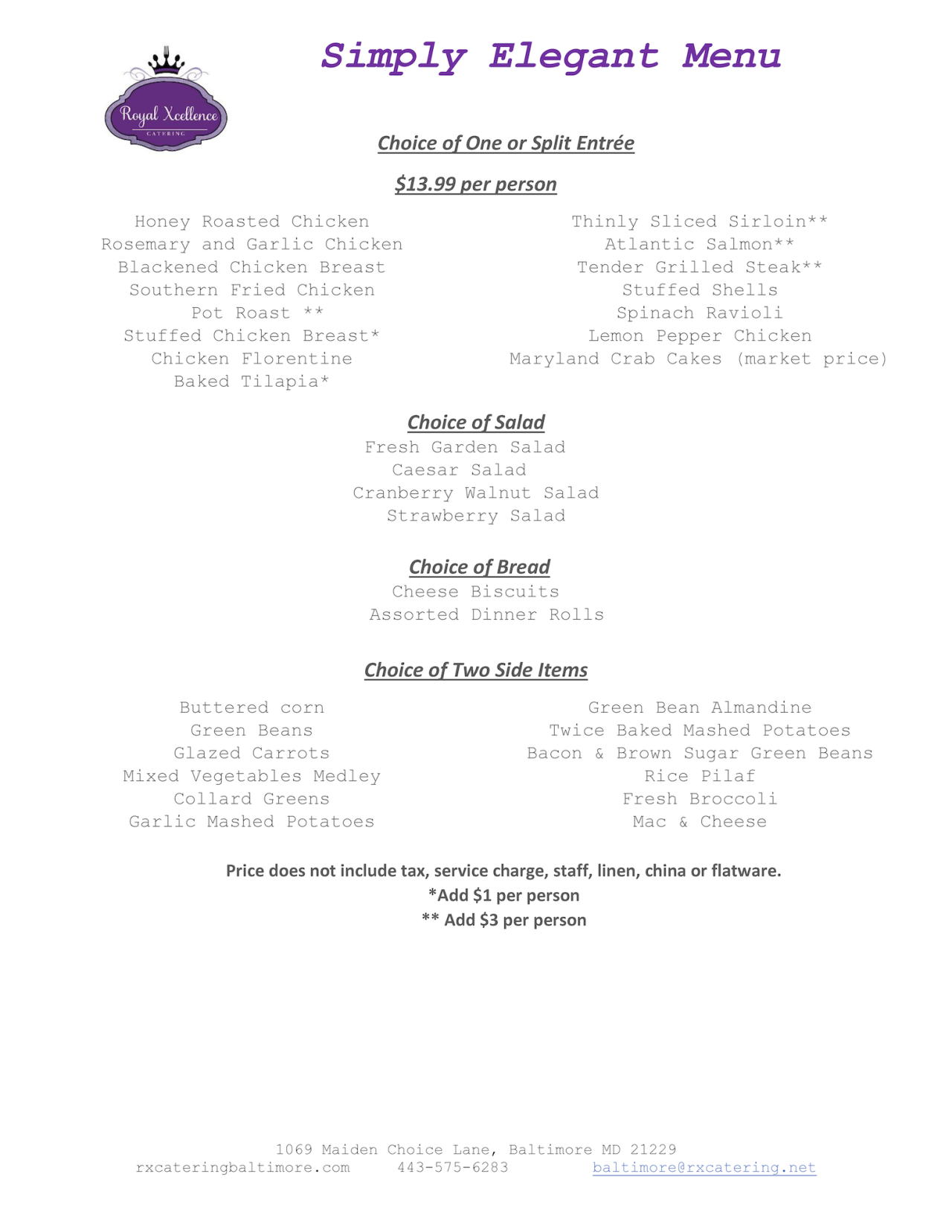 Wedding Menus - The Cellar Baltimore